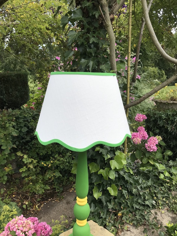 Ivory Linen Scalloped Edge Lampshade With Emerald Green Trim On An Emerald Green And Sunfower 